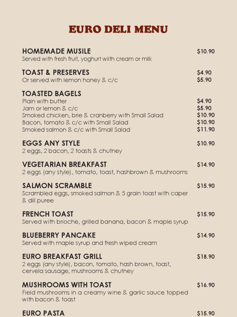 Euro Deli Menu Highlights | PDF