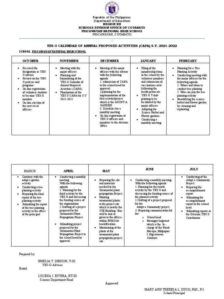 Yes-O Calendar of Annual Proposed Activities (Capa) S.Y. 2021-2022 ...