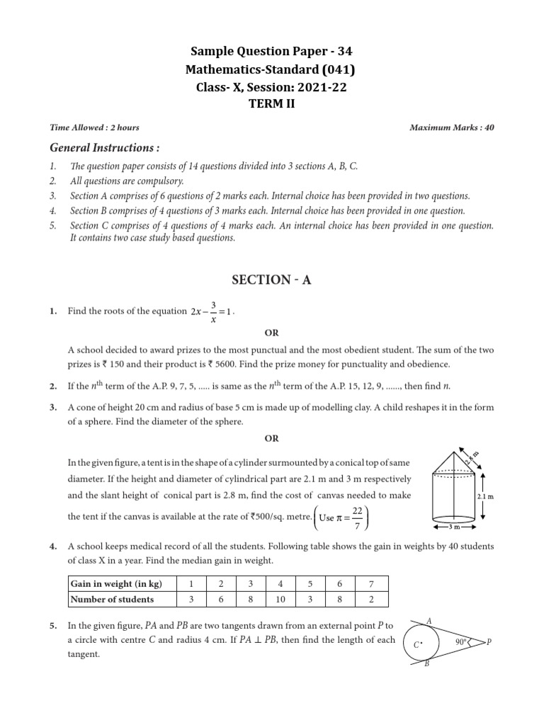 General Instructions:: Sample Question Paper - 34 Mathematics-Standard ...