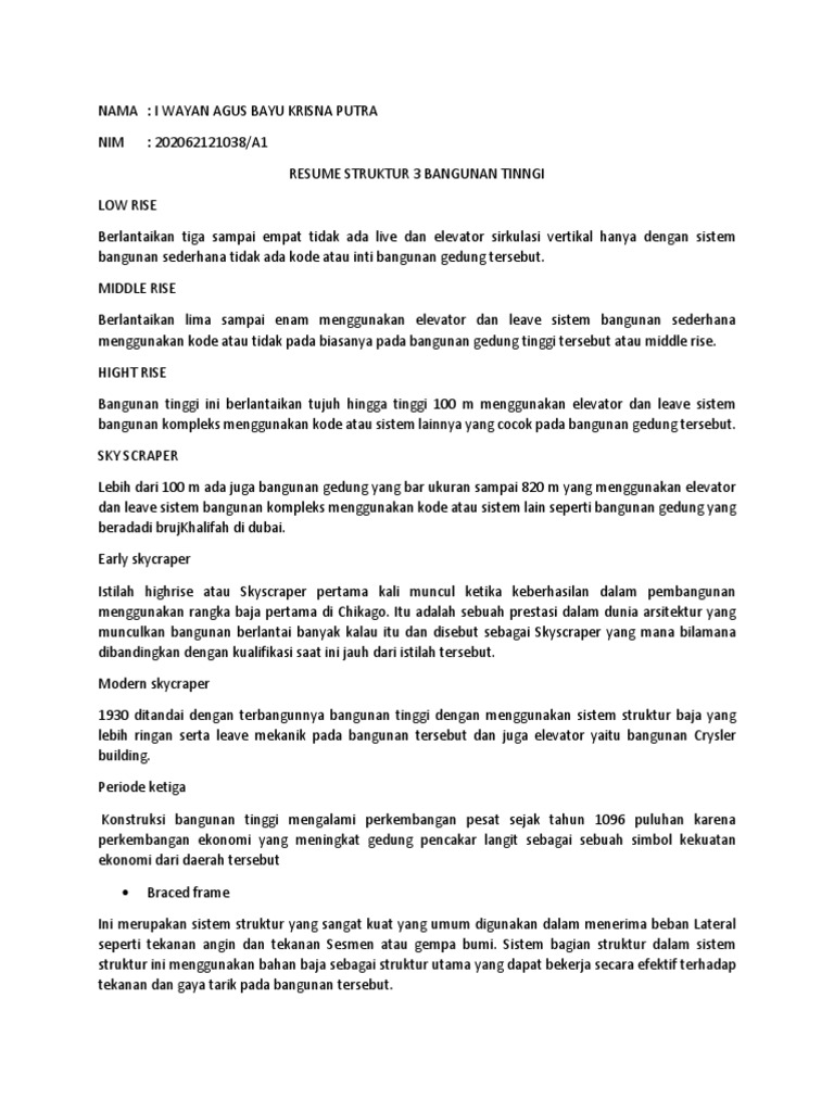 Resume Bangunan Tinggi - A1 - 202062121038 - I Wayan Agus Bayu Krisna Putra | PDF