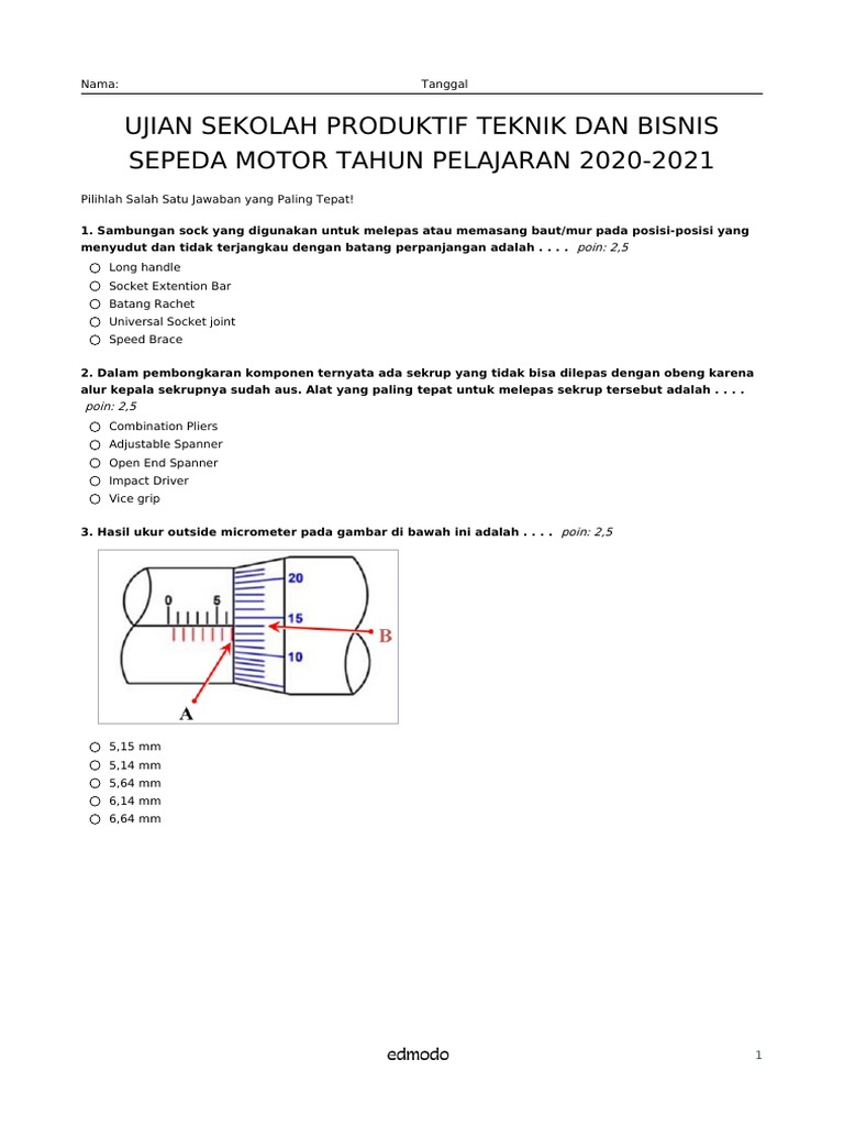 Ujian Sekolah Produktif Teknik Dan Bisnis Sepeda Motor Tahun Pelajaran ...