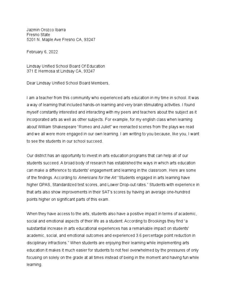 Letter To School Board | PDF | Learning | Teachers