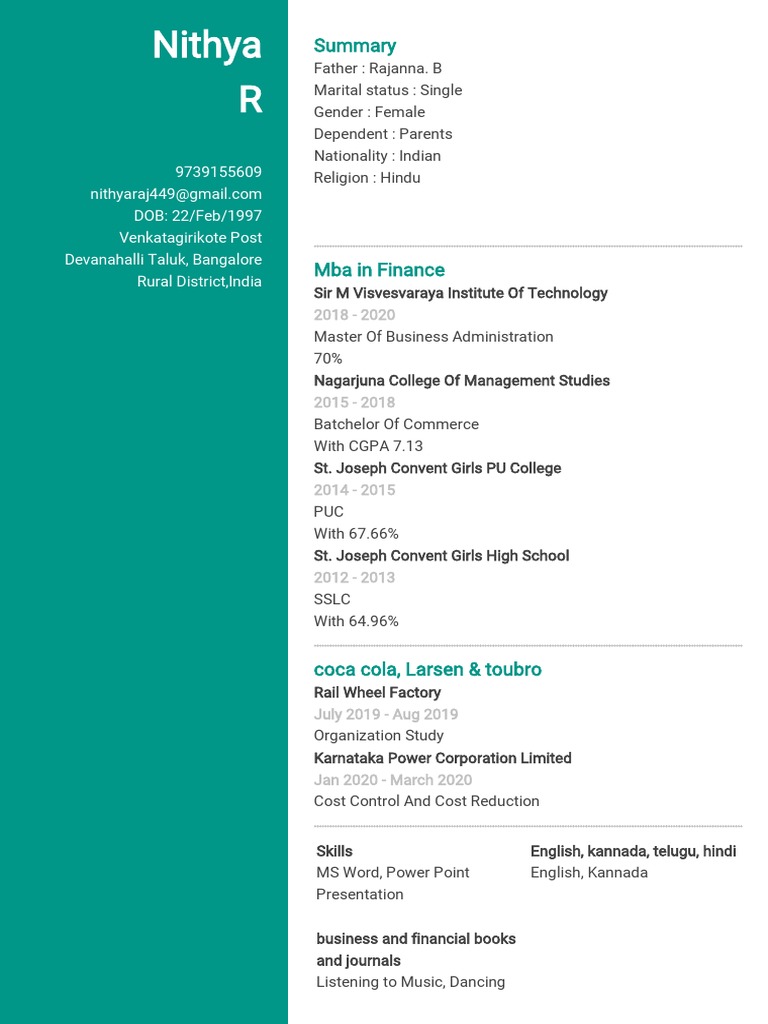 Nithya's Resume: MBA in Finance | PDF