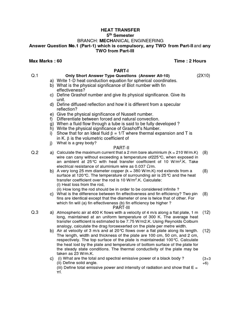 Heat Transfer 5 Semester Answer Question N o .1 (Part-1) Which Is ...
