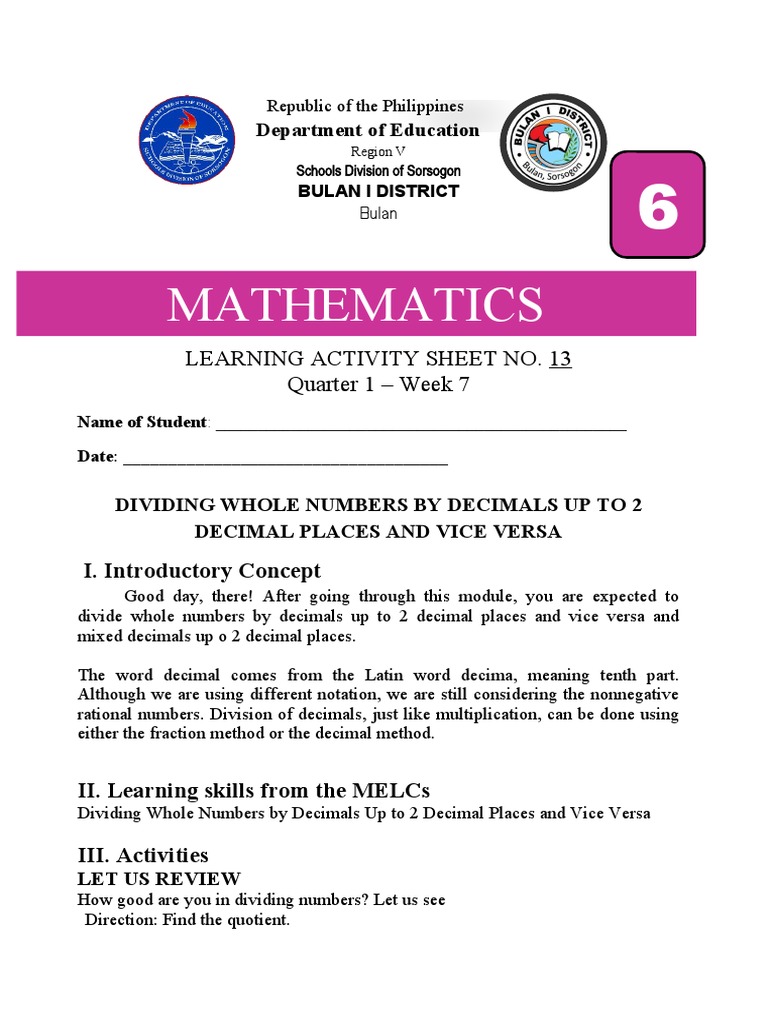 Mathematics: Learning Activity Sheet No. 13 Quarter 1 - Week 7 | PDF ...