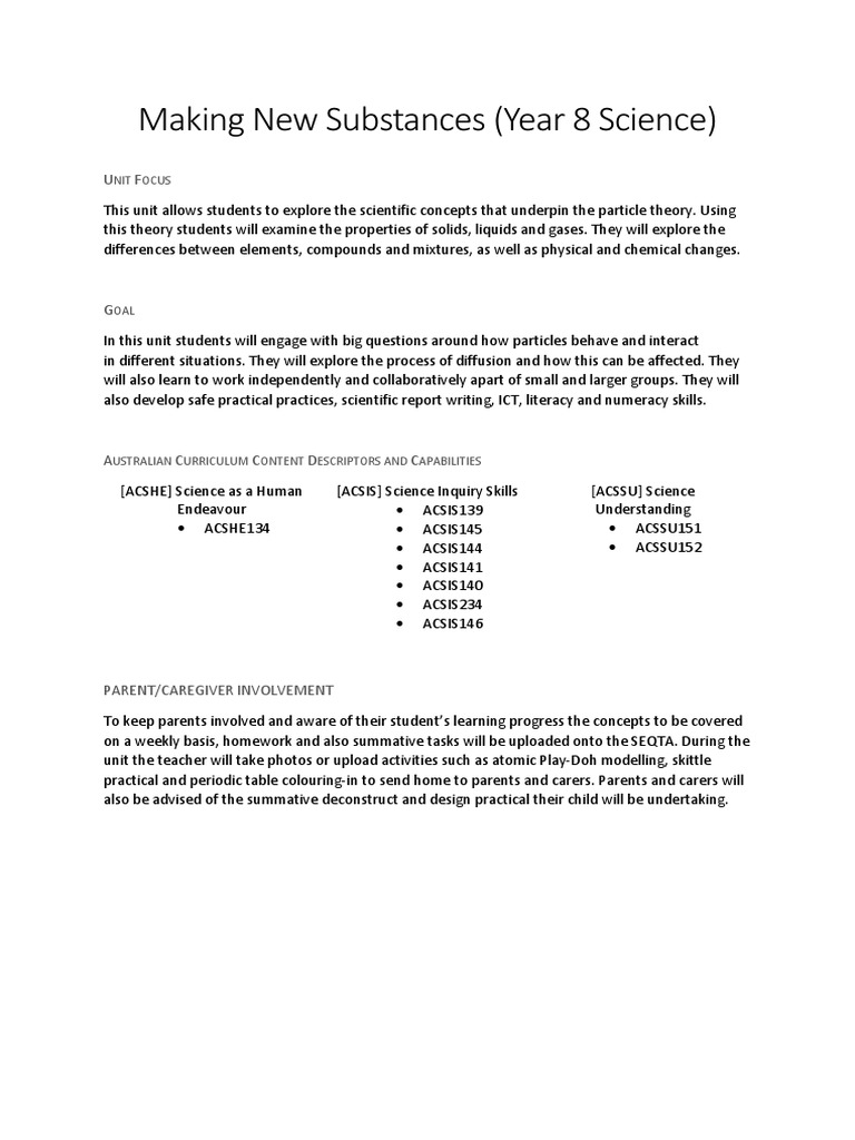 Making New Substances Unit Plan | PDF