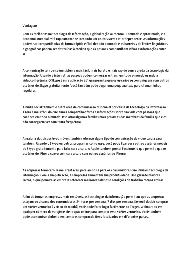 Vantagens e Desvantagens da Informática | PDF | Tecnologia da ...