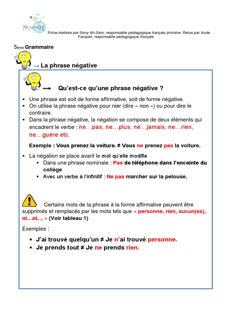 1275 Grammaire La Phrase Négative Leçon Et Exercices | PDF | Phrase ...