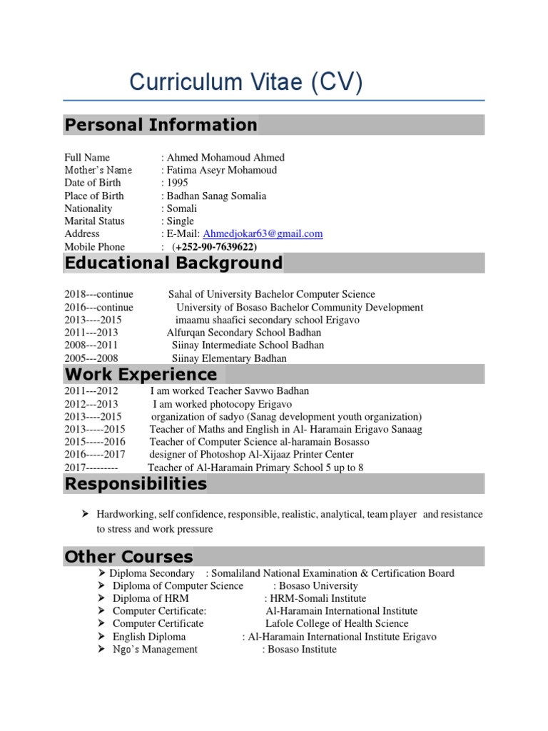 Curriculum Vitae: Personal Information | PDF | Somalia | Mogadishu