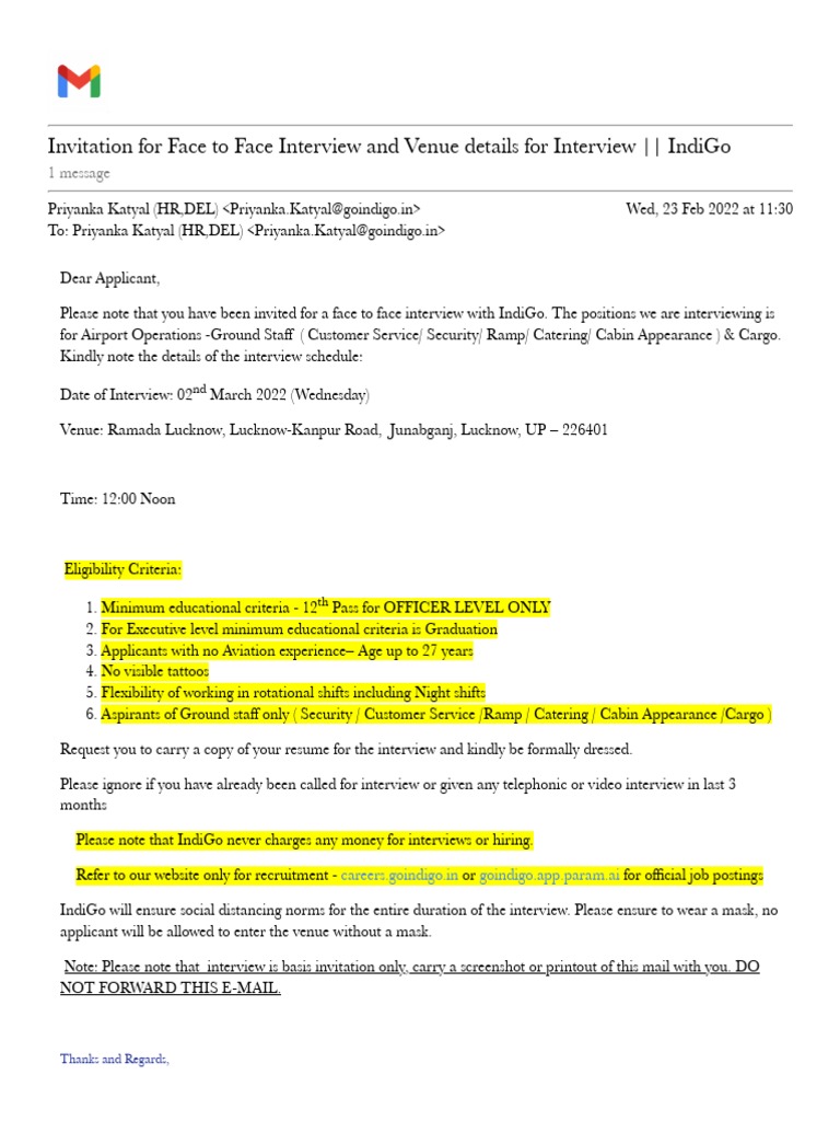 Gmail - Invitation For Face To Face Interview and Venue Details For ...