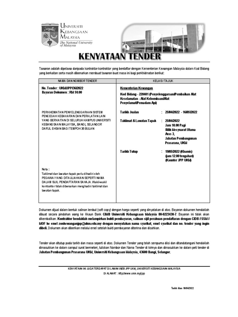 Ukm-Jpp-36-2022 - Tender Sistem Pencegah Kebakaran | PDF