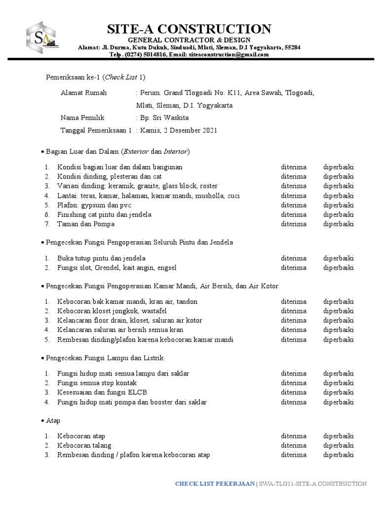 Template - Checklist Pekerjaan | PDF