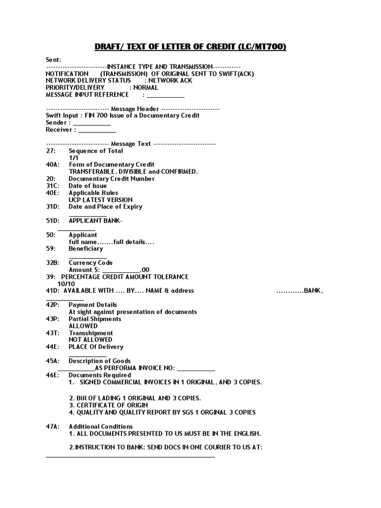 Draft Verbiage DLC-MT700 | PDF | Letter Of Credit | Service Industries