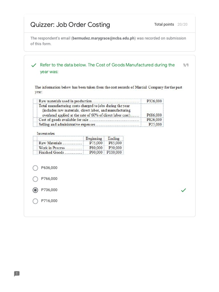 Job Order Costing Quiz Analysis | PDF | Cost Of Goods Sold | Cost