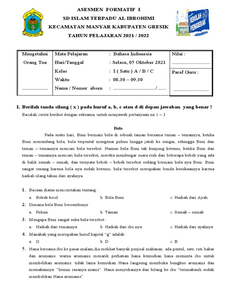 Contoh Asesmen Formatif Kelas 1 SD | PDF