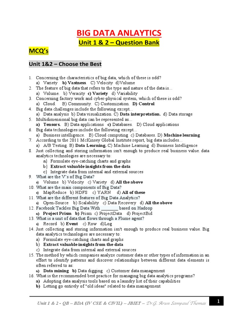 Big Data Anlaytics: Unit 1 & 2 - Question Bank MCQ's | PDF | Big Data ...