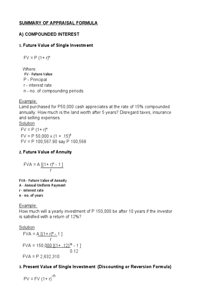 OF Appraisal Formula A) Compounded Interest Future Value of Single ...