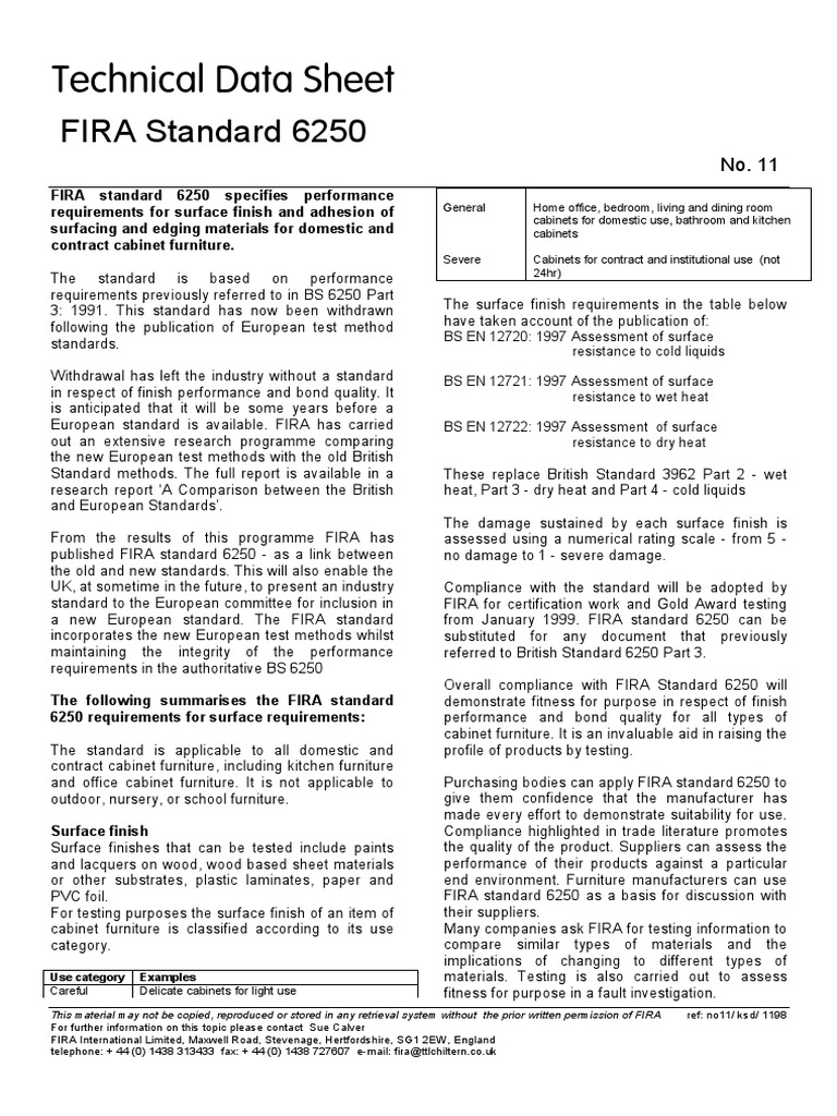 Technical Data Sheet: FIRA Standard 6250 | PDF | Cabinetry | Furniture