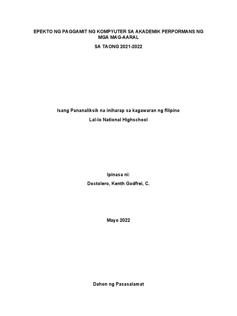 Epekto NG Paggamit NG Kompyuter Sa Akademik Perpormans NG Mga Mag | PDF