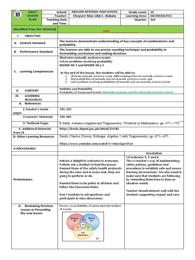 I. Objective:: Daily Lesson Plan (Modified From DLL-detailed) | PDF | Probability | Learning