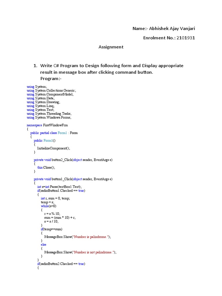Windows Applications Assignment | PDF | C Sharp (Programming Language ...