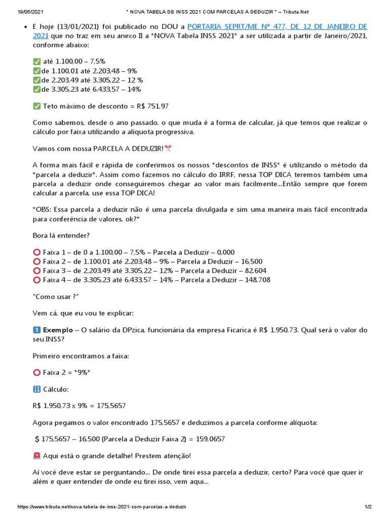 Nova Tabela de Inss 2021 Com Parcelas A Deduzir | Download grátis PDF ...