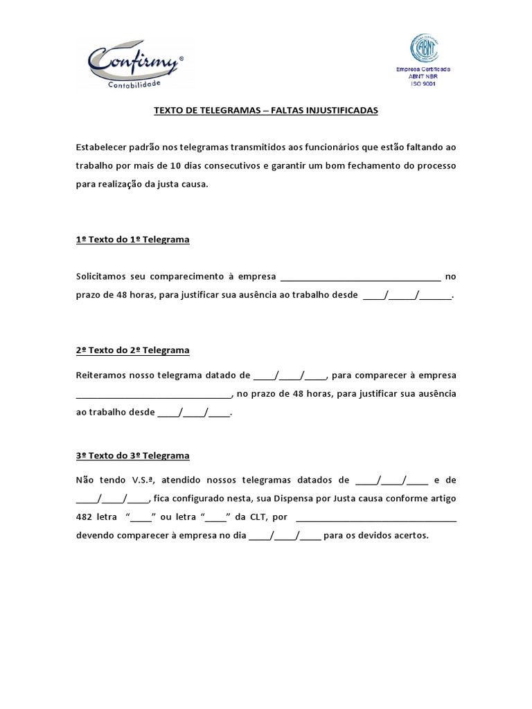Aviso Telegrama - Faltas Injustificadas | PDF
