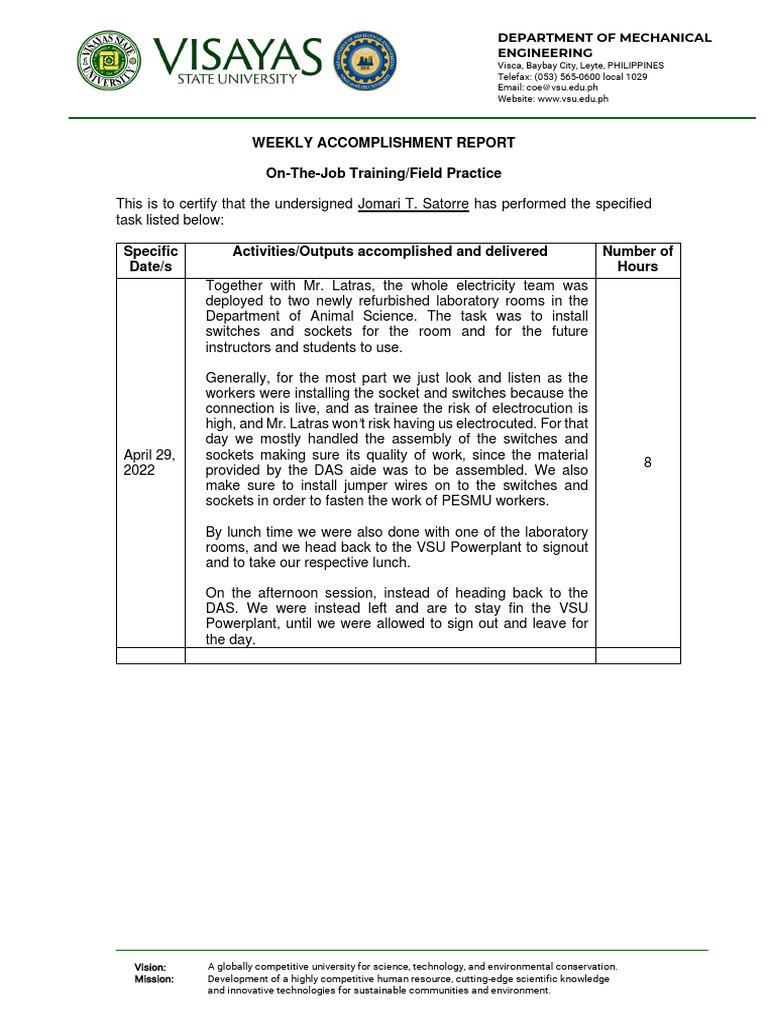 Weekly Accomplishment Report On-The-Job Training/Field Practice | PDF ...