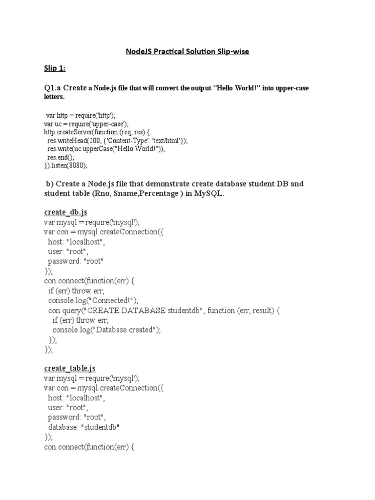 NodeJS Practical Solution Slip | PDF | Databases | My Sql