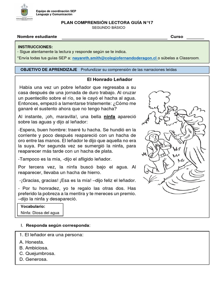 Plan de comprensión lectora sobre la fábula "El Honrado Leñador | PDF