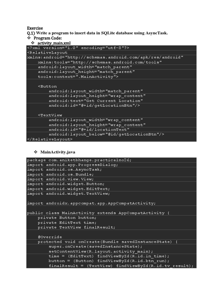 Exercise Q1 Write A Program To Insert Data In Sqlite Database Using Asynctask Program Code 