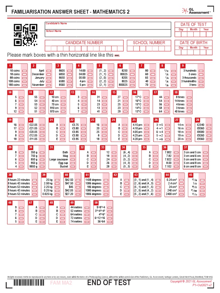 End of Test: Familiarisation Answer Sheet - Mathematics 2 | PDF ...