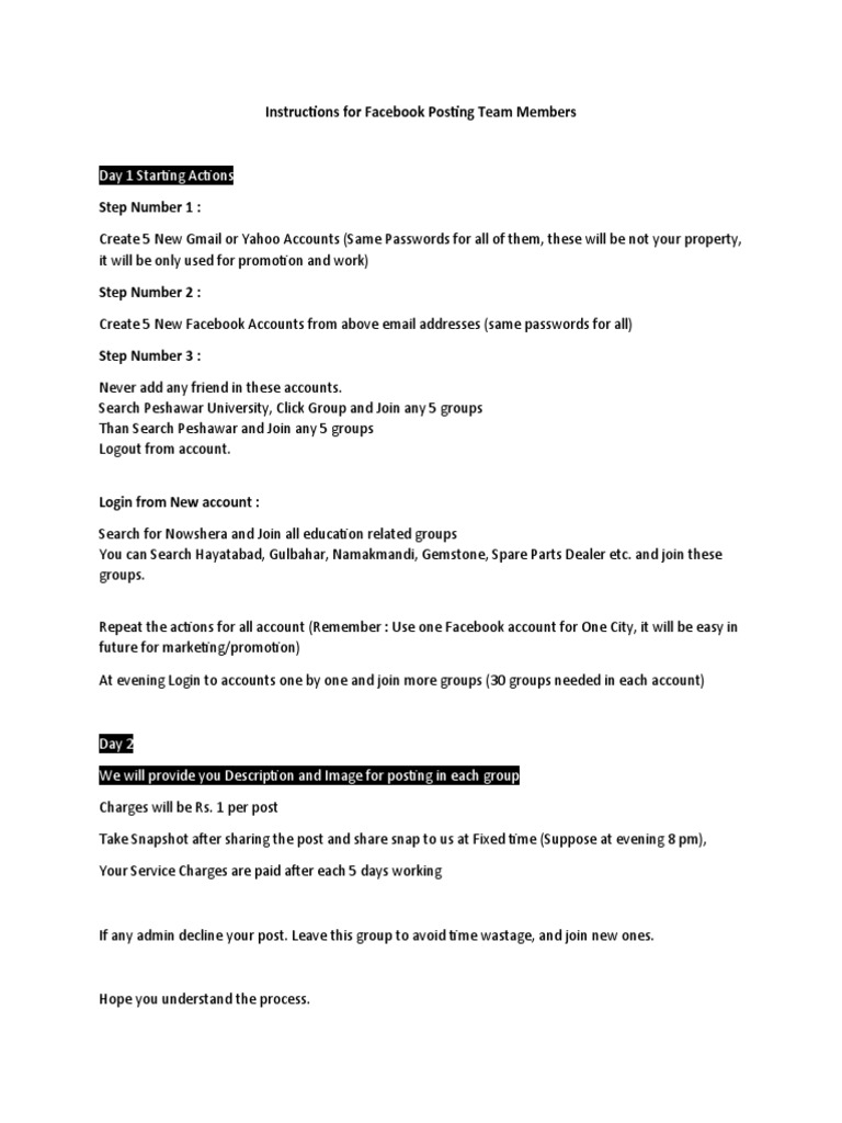 Instructions For Facebook Posting Team Members | PDF