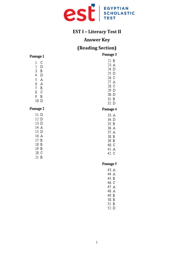 EST I - Literacy Test II Answer Key (Reading Section) : Passage 1 ...