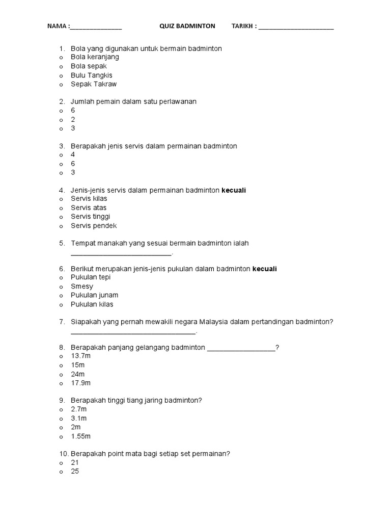 Quiz Badminton | PDF