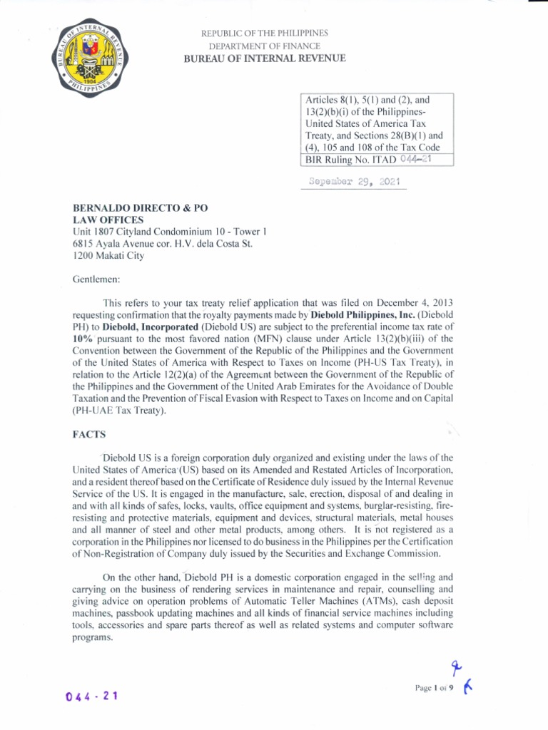 Itad Bir Ruling No. 044-21 | PDF | Taxes | Double Taxation