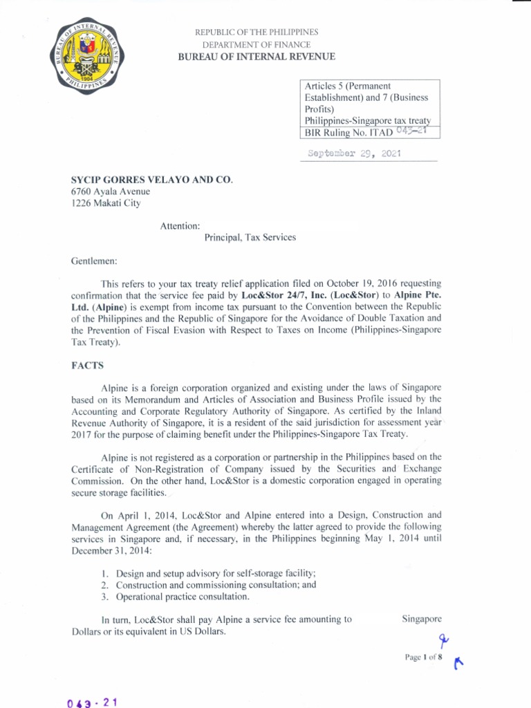 Itad Bir Ruling No. 043-21 | PDF | Permanent Establishment | Taxes