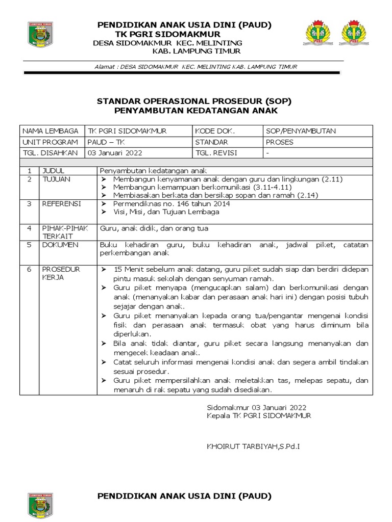 Sop Penjemputan Dan Kepulangan Anak TK | PDF