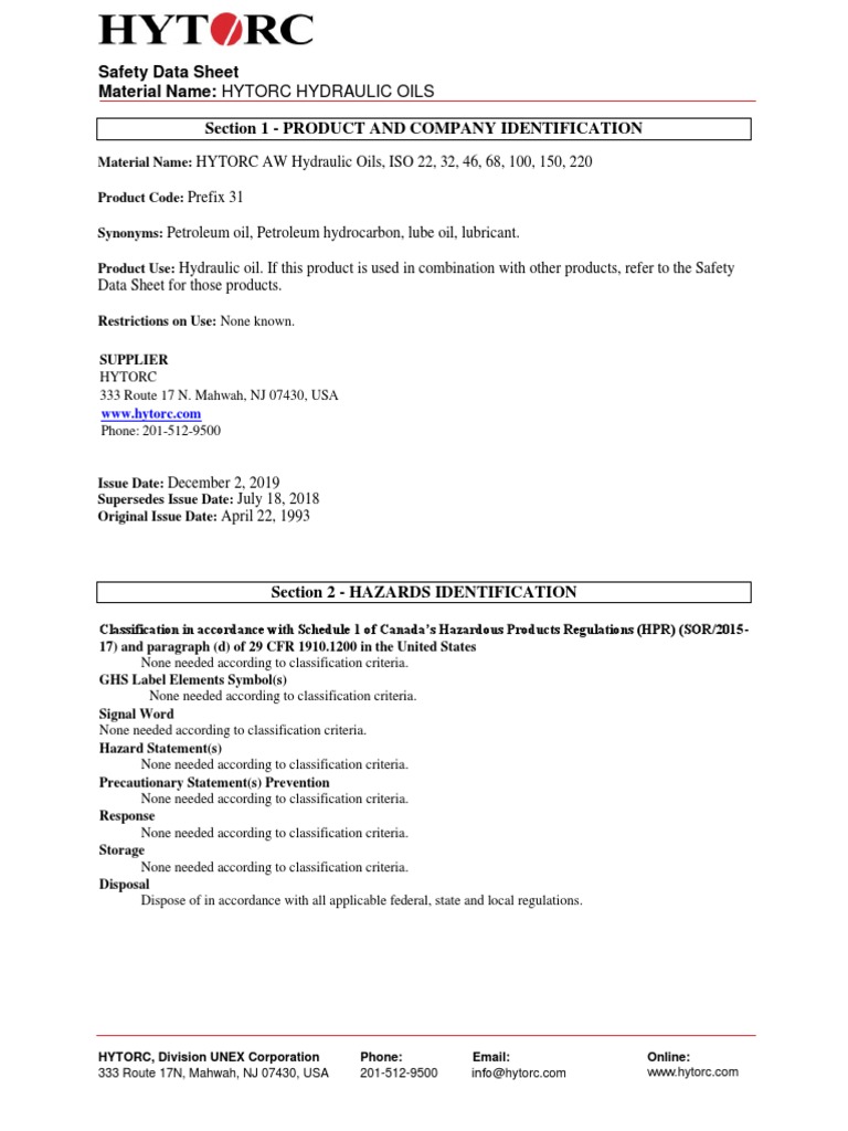 HYTORC Oil MSDS - NEW | PDF | Personal Protective Equipment | Toxicity