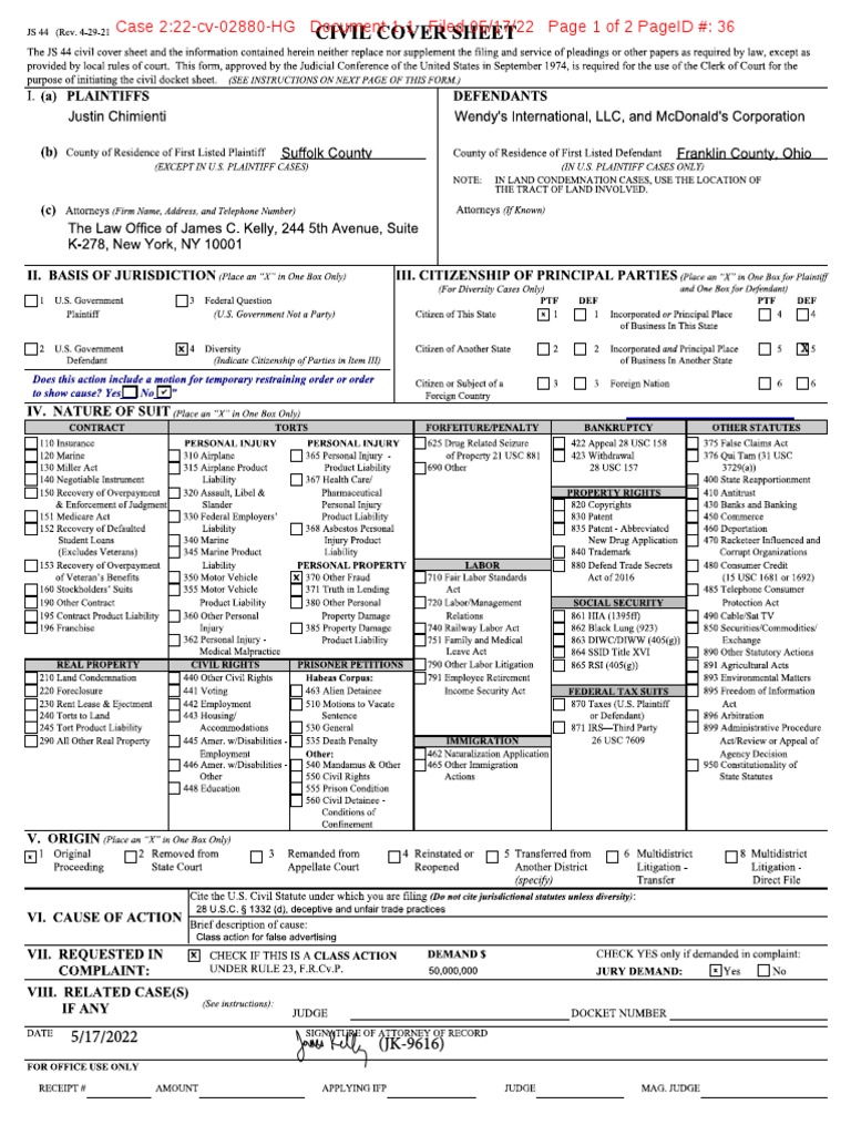 Civil Cover Sheet: (B) Suffolk County Franklin County, Ohio | PDF ...
