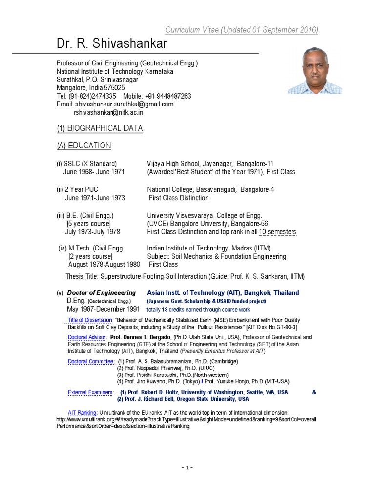 Dr. R. Shivashankar: (1) Biographical Data (A) Education | PDF | Geotechnical Engineering ...