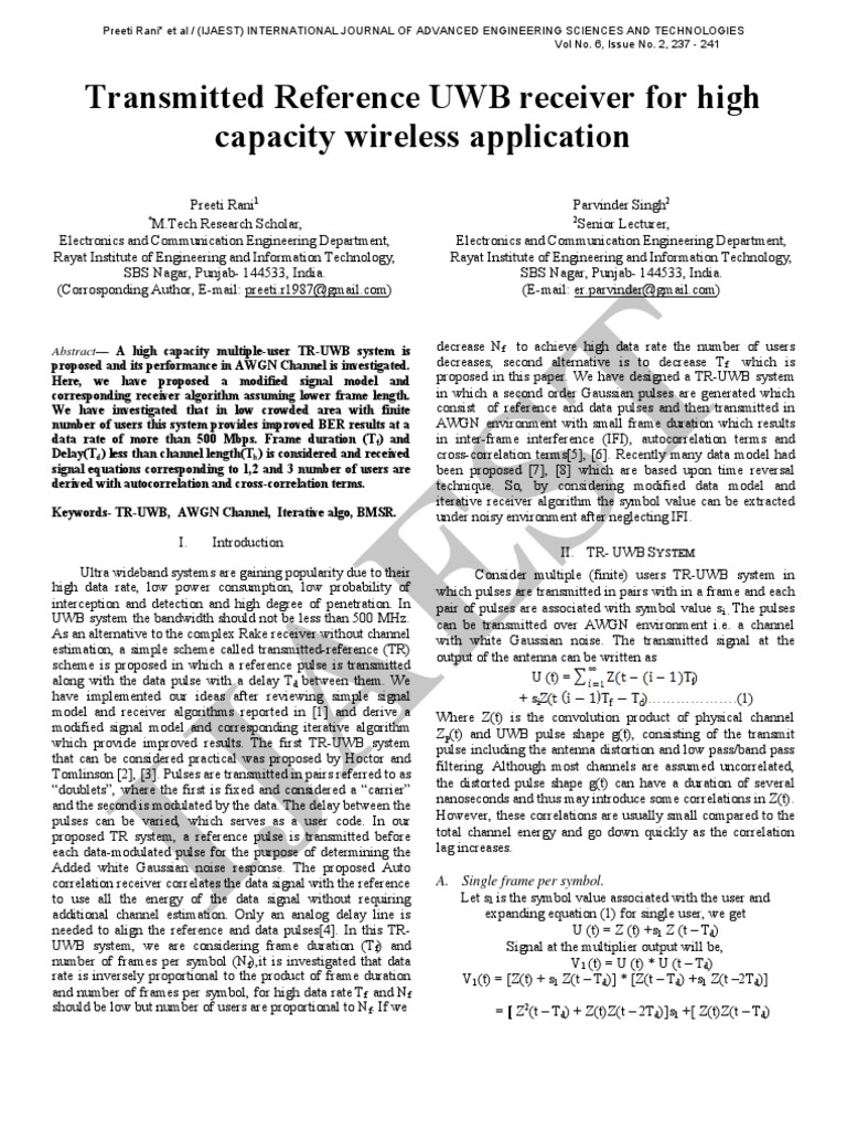 11.IJAEST Vol No 6 Issue No 2 Transmitted Reference UWB Receiver For High Capacity Wireless ...