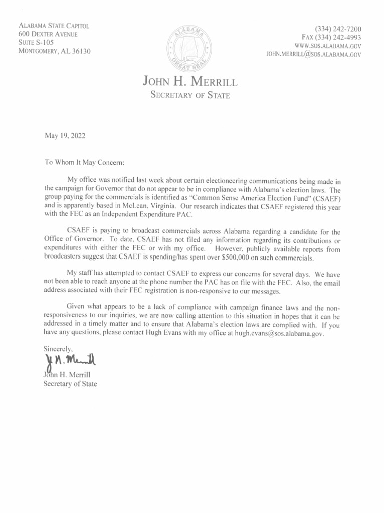 Common Sense America Election Fund Letter | PDF