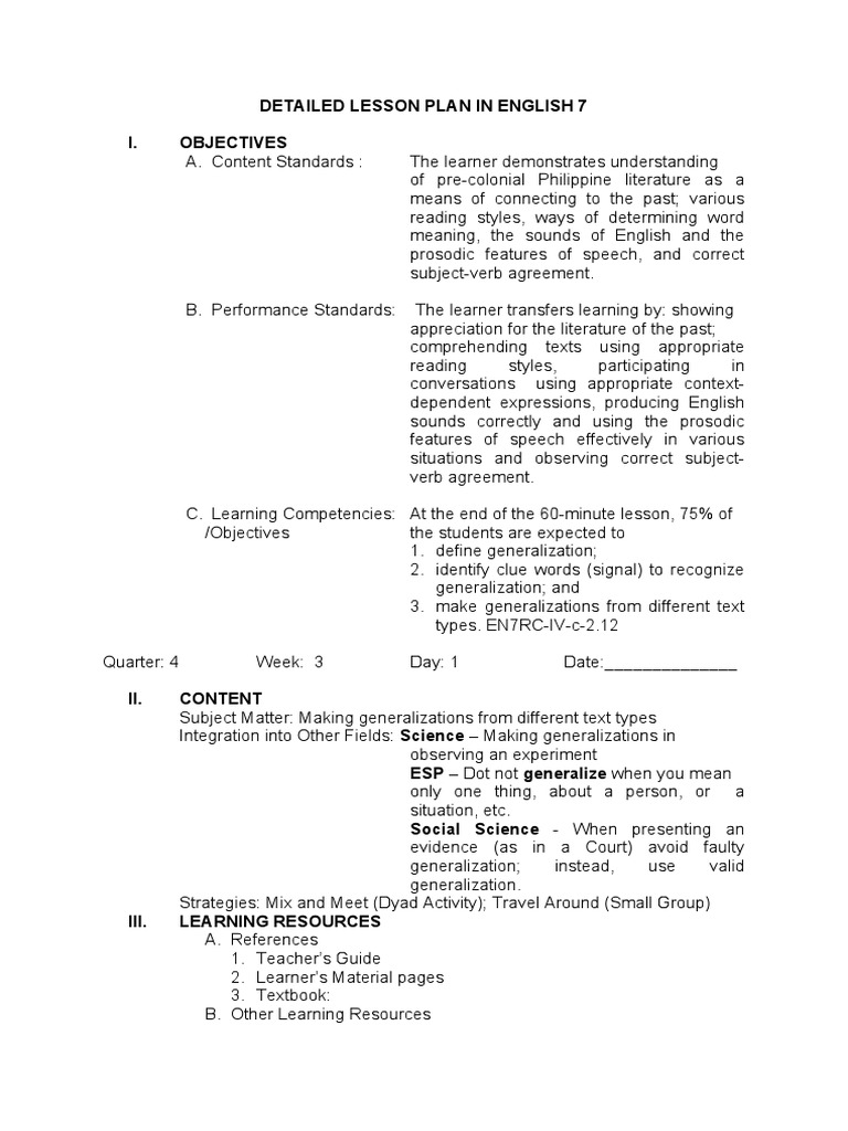 DETAILED LESSON PLAN IN ENGLISH 7 Day 1 | PDF | Lesson Plan | Learning