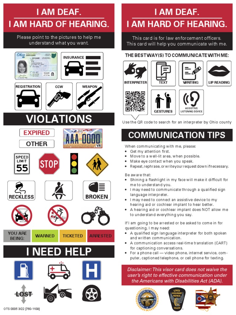Ohio Communication Card For Deaf and Hard of Hearing With Law ...