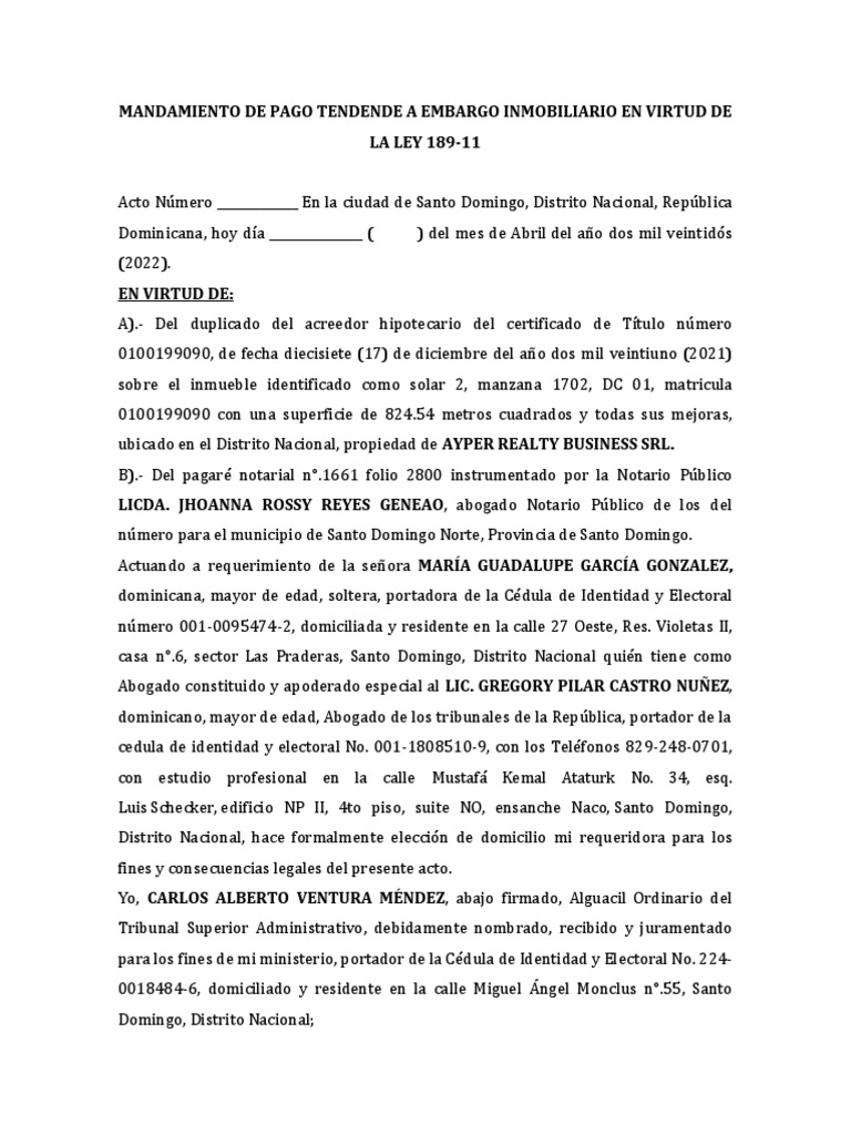 Mandamiento de Pago Tendende A Embargo Inmobiliario en Virtud de La Ley ...