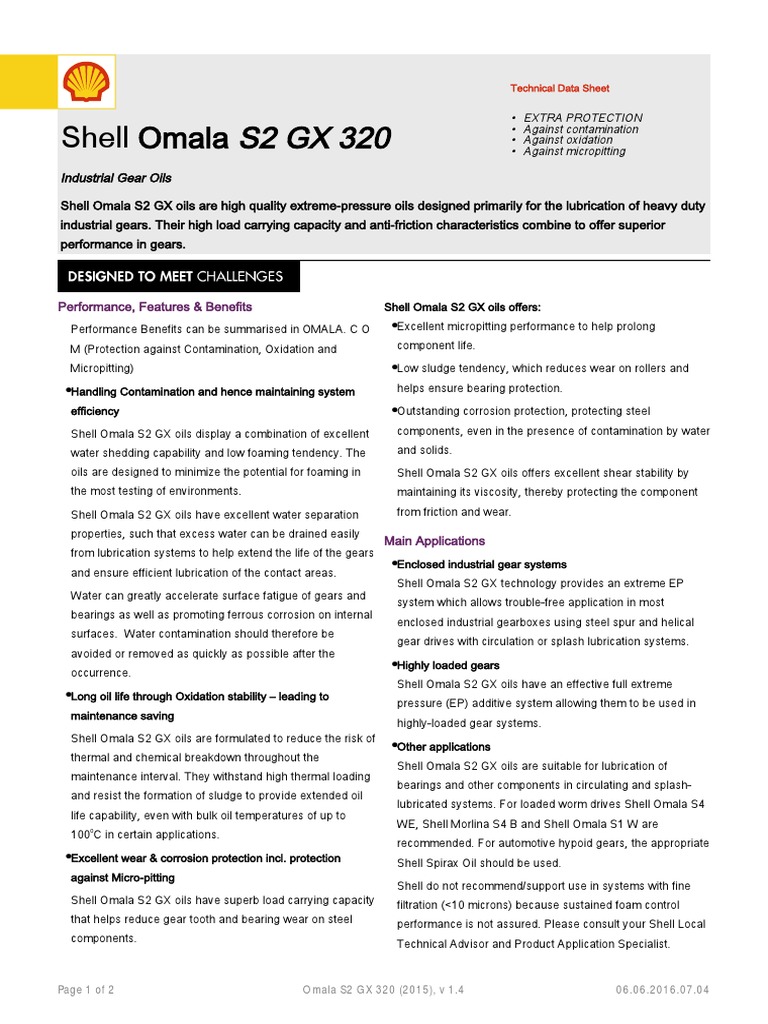 Shell Omala S2 GX 320: Performance, Features & Benefits | PDF | Bearing ...