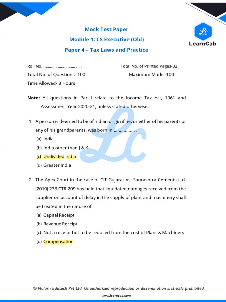 CS Executive Old Paper 4 Tax Laws and Practice-Qp | Download Free PDF ...