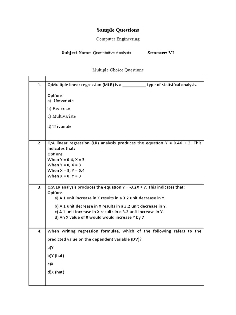 Comp - Sem VI - Quantitative Analysis+Sample Questions | PDF | Regression Analysis | Coefficient ...