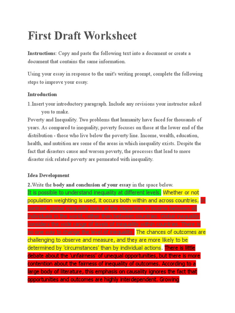 First Draft Worksheet: Instructions: Copy and Paste The Following Text ...